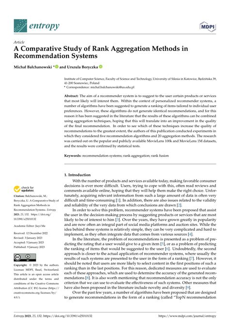 PDF A Comparative Study Of Rank Aggregation Methods In Recommendation Systems