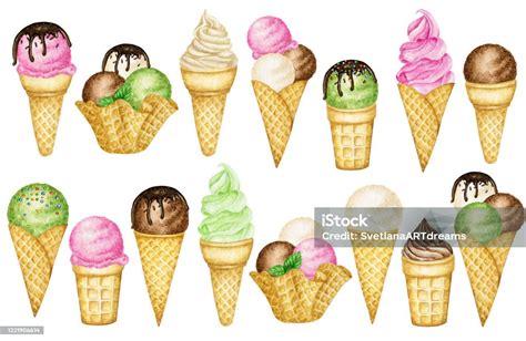 와플 콘에 초콜릿으로 장식 된 다양한 아이스크림 스쿱 바닐라 초콜릿 핑크 딸기 라즈베리 그린 피스타치오 아이스크림의 수채화 일러스트 리 모듬 볼 개체 그룹에 대한 스톡 벡터