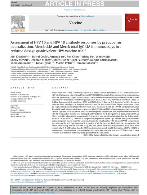 Pdf Assessment Of Hpv 16 And Hpv 18 Antibody Responses By Pseudovirus