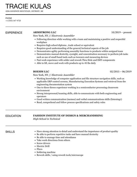 Electronic Assembler Resume Samples Velvet Jobs