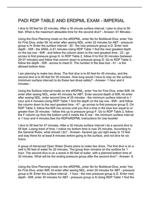 Padi Rdp Table And Erdpml Exam Imperial Padi Rdp Stuvia Us