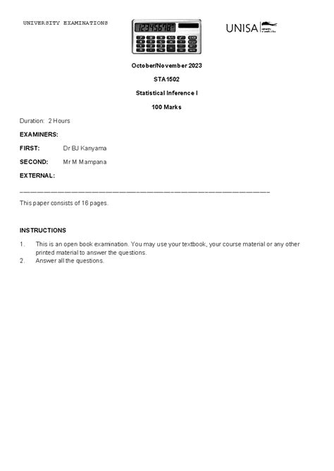 Sta1502 Oct Nov 2023 Past Exam October November 2023 Sta Statistical Inference I 100 Marks