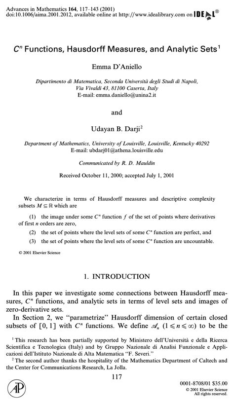 Pdf C N Functions Hausdorff Measures And Analytic Sets