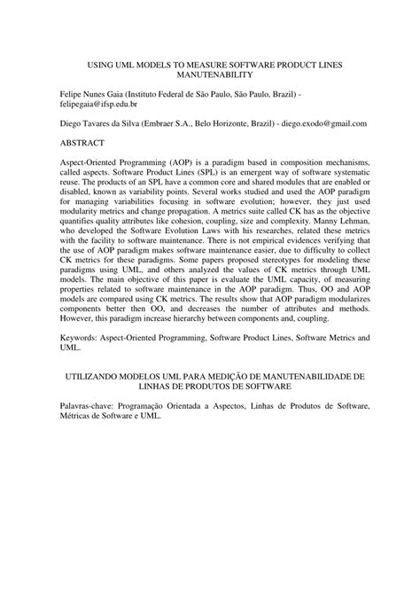 Pdf Using Uml Models To Measure Software Product Lines Manutenability