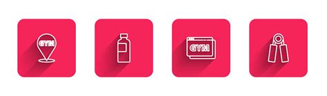 세트 라인 위치 체육관 피트니스 셰이커 온라인 피트니스 및 훈련 긴 그림자가 있는 스포츠 확장기 빨간색 사각형 버튼입니다 벡터 강사에 대한 스톡 벡터 아트 및 기타 이미지