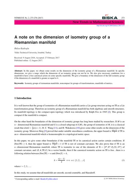Pdf A Note On The Dimension Of Isometry Group Of A Riemannian Manifold