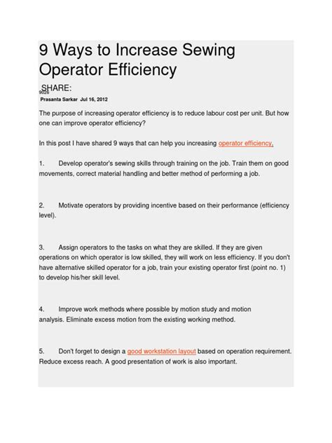 9 Ways To Increase Sewing Operator Efficiency Pdf Performance Indicator Clothing