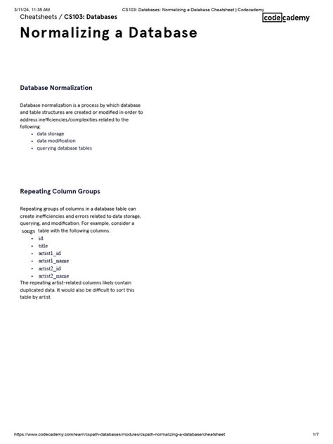 Cs103 Databases Normalizing A Database Cheatsheet Codecademy