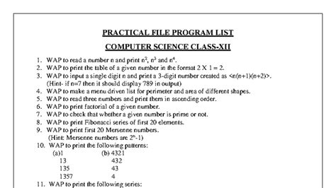 Program List For Class Xii Cs Practical File Tasks Studocu