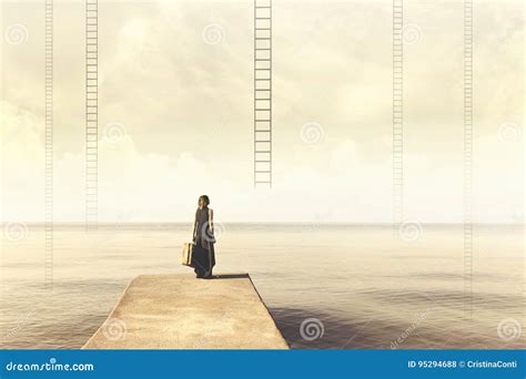 La Donna Non Sa Se Scali Una Scala Dal Cielo Ad Una Destinazione Disincantata Fotografia Stock