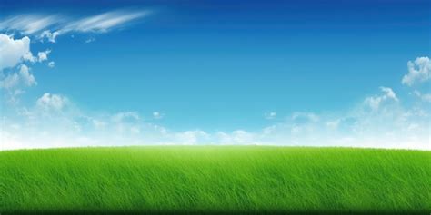 Green Grass Field And Bright Blue Sky Background Premium Ai Generated