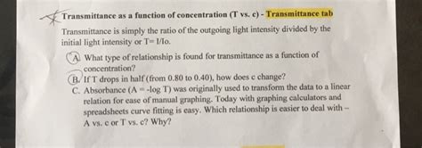 Solved Transmittance As A Function Of Concentration T Vs