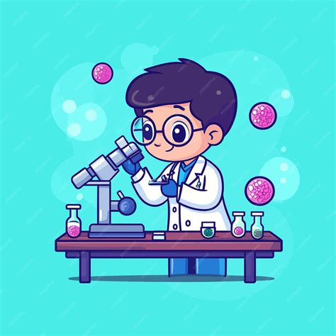Cute Biologist Examining Cells Cartoon Vector Icon Premium Ai