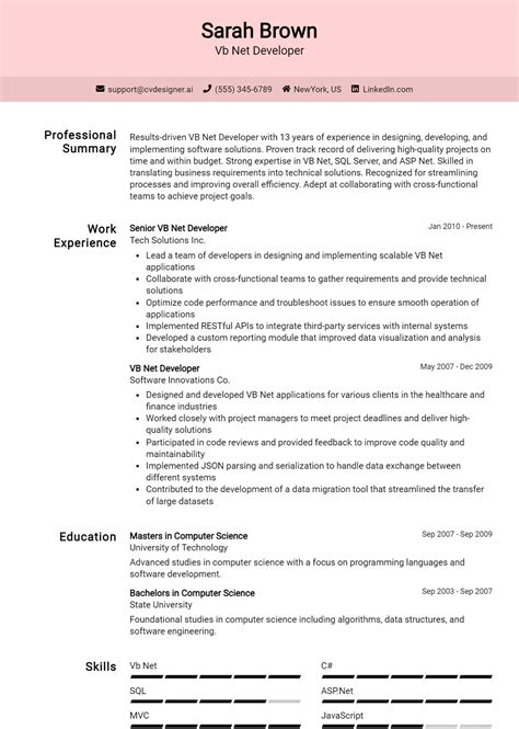 Vb Net Developer Resume Example For Expert Tips CVDesigner Ai