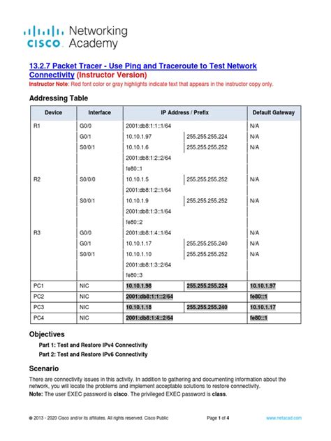 13 2 7 packet tracer use ping and traceroute to test network