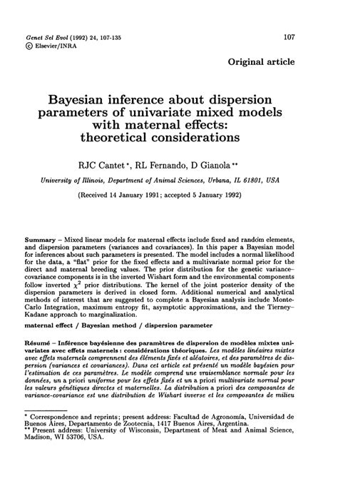 Pdf Bayesian Inference About Dispersion Parameters Of Univariate Mixed Models With Maternal