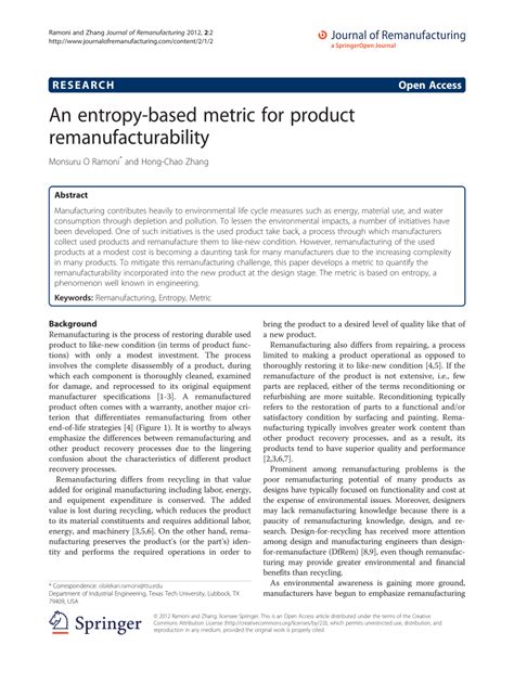 Pdf An Entropy Based Metric For Product Remanufacturing