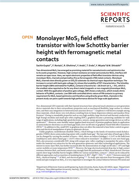 [pdf] Monolayer Mos2 Field Effect Transistor With Low Schottky Barrier Height With Ferromagnetic