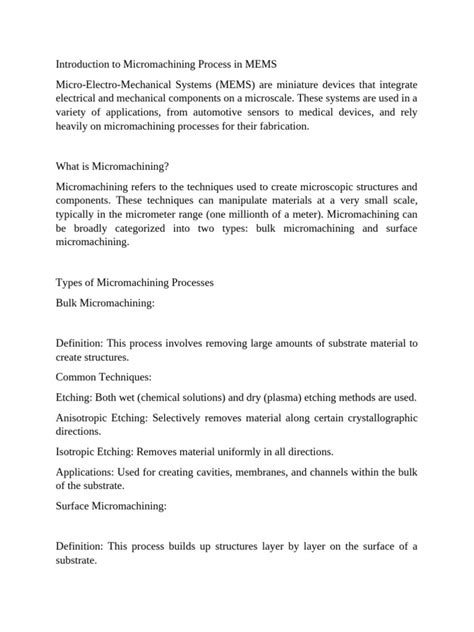 Introduction To Micromachining Process In Mems 1 Pdf