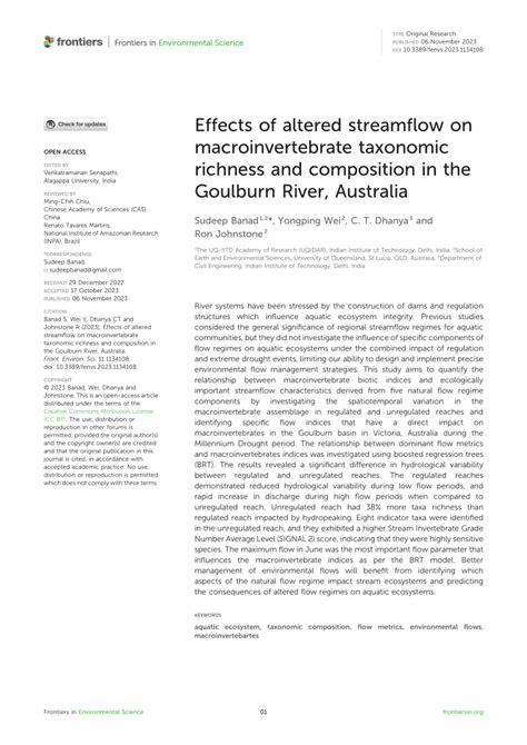 Pdf Effects Of Altered Streamflow On Macroinvertebrate Taxonomic Richness And Composition In