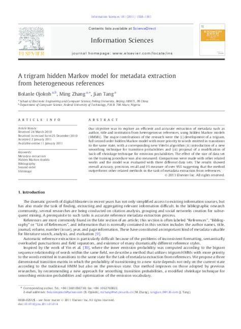 Pdf A Trigram Hidden Markov Model For Metadata Extraction From Heterogeneous References