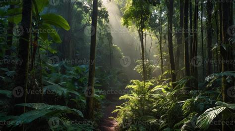 Lush Tropical Rainforest With Sunlight Filtering Through Canopy
