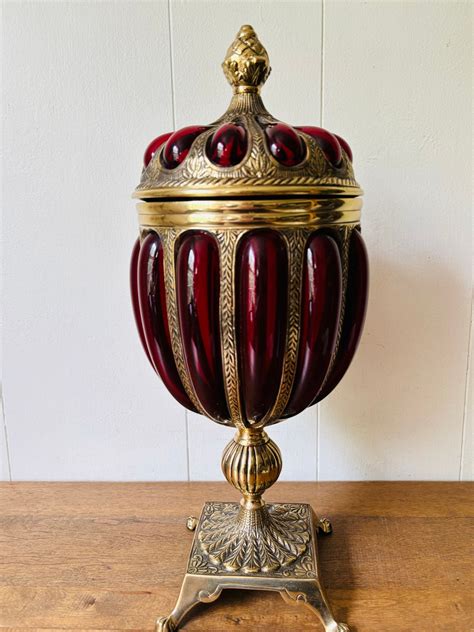 Vintage Ruby Red Bubble Glass Solid Brass Pedestal Lidded India