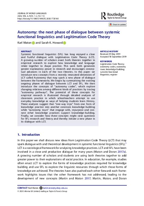 Pdf Autonomy The Next Phase Of Dialogue Between Systemic Functional Linguistics And
