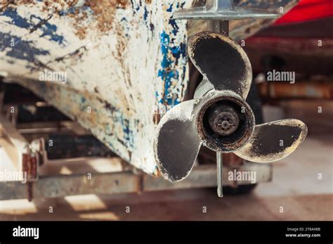 Bottom Block Of An Outboard Motor With A Propeller Close Up Rear View