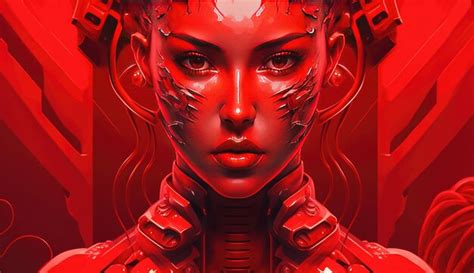 Premium Photo Illustration Of A Red Cyborg Woman On A Red Background