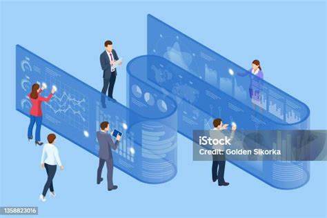 데이터 분석 비즈니스 통계 관리 컨설팅 마케팅을 위한 Isometric 전문가 팀 B2b 비즈니스 인텔리전스 분석을 위한 데이터 및 주요 성과 지표 Lcd에 대한 스톡 벡터