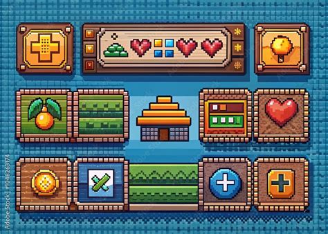 Pixel Game UI Design With Bit Interface Elements For Health And Mana Bars Menu Icons And