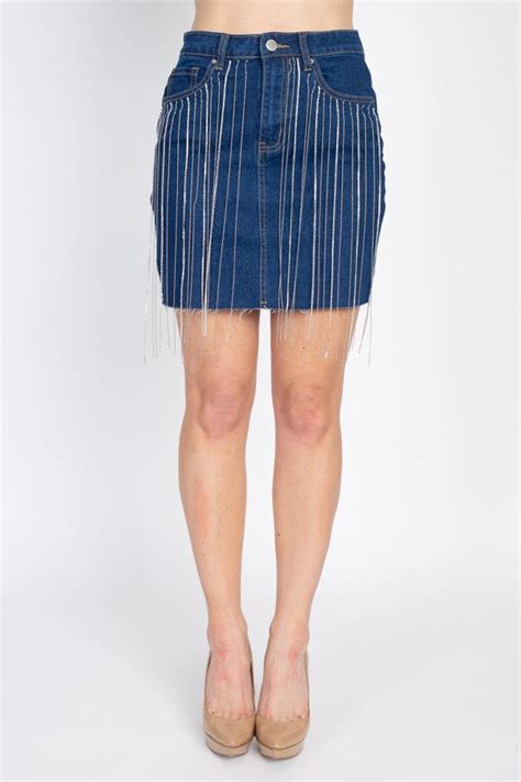 Rhinestone Fringe Denim Mini Skirt Rk Collections Boutique