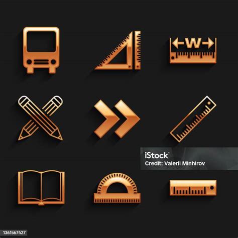 화살표 Pro트랙터 그리드 눈금자 오픈 북 교차 연필 측정 높이 및 길이 및 버스 아이콘을 설정합니다 벡터 검은색에 대한 스톡 벡터 아트 및 기타 이미지 Istock