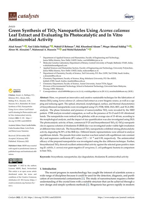 Pdf Green Synthesis Of Tio2 Nanoparticles Using Acorus Calamus Leaf