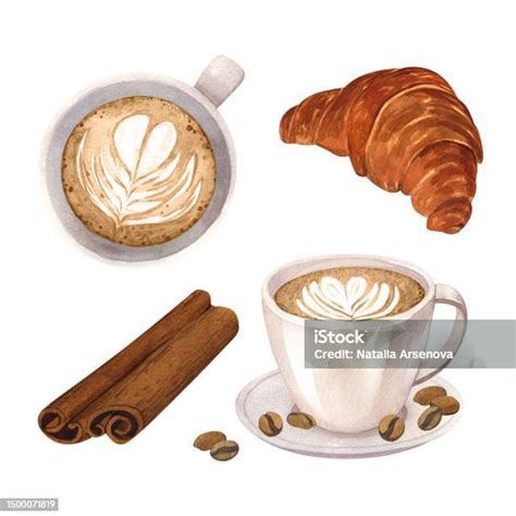 수채화 물감 아침 식사 커피 컵 라떼 크루아상 시나몬 스틱 손으로 그린 그림은 흰색 배경에 분리되어 있습니다 요리와 제과 메뉴 카드를 위한 카페를 위한 완벽한 개념입니다