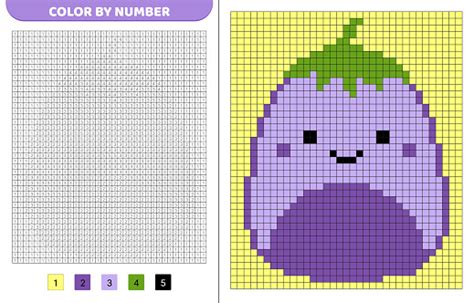 귀여운 가지 스퀴시멜로 숫자로 색칠하기 픽셀 색칠하기 책 번호가 매겨진 사각형 어린이용 게임 가지 채소에 대한 스톡 벡터 아트