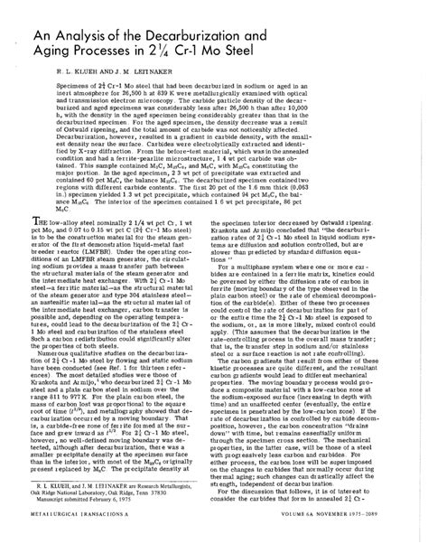 Pdf An Analysis Of The Decarburization And Aging Processes In 2 1 4 Cr−1 Mo Steel