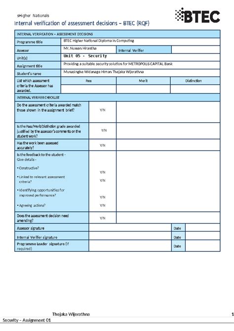 Unit 05 Security Assignment Shigher Nationals Internal Verification Of Assessment Decisions