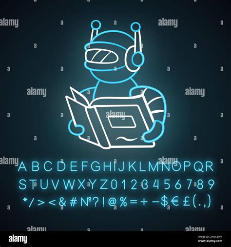 text reading bot neon light icon screen reader application virtual assistant robot with book
