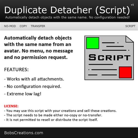 Second Life Marketplace Duplicate Detacher Script