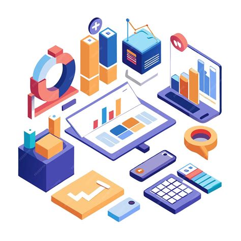 Isometric Icons Of Data Analysis Charts Graphs And Business Analytics Premium Ai Generated Vector