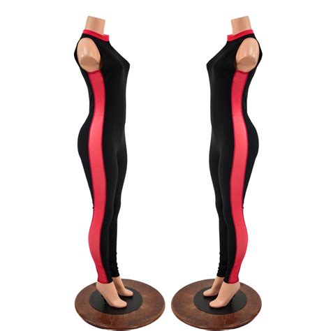 Black Zen Zipper Back Catsuit With Red Mesh Side Panels And Short Collar Cut Away Shoulders