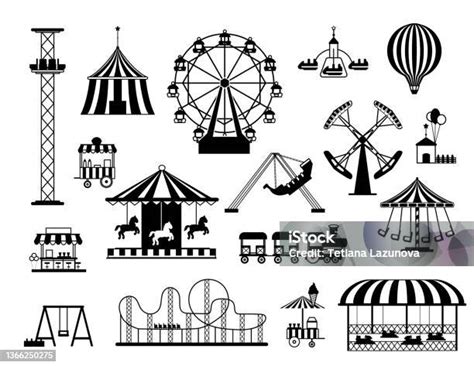 재미있는 놀이 카니발 공원 명소와 회전 목마 검은 실루엣 유원지 서커스 텐트 그네 기차 및 열기구 벡터 세트 Carnival에 대한 스톡 벡터 아트 및 기타 이미지 Istock