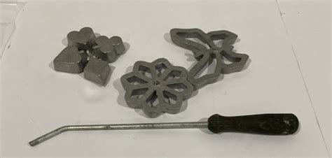 Vtg Rosette Cookie Iron Set 3 Molds W Handle Flower Butterfly