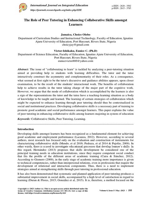 The Role Of Peer Tutoring In Enhancing Collaborative Skills Amongst