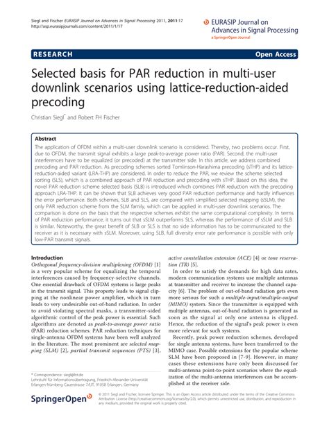Pdf Selected Basis For Par Reduction In Multi User Downlink Scenarios