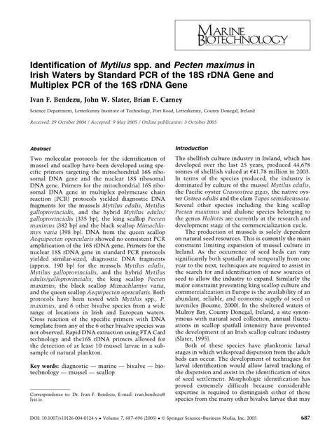 Pdf Identification Of Mytilus Spp And Pecten Maximus In Irish Waters By Standard Pcr Of The