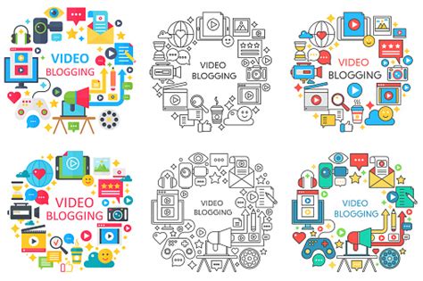 온라인 비디오 블로그 디자인 플랫 플랫 라인 라운드 개념 절연 미디어 블로거 아이콘 세트 거짓말 Brand Name Online Messaging Platform에 대한