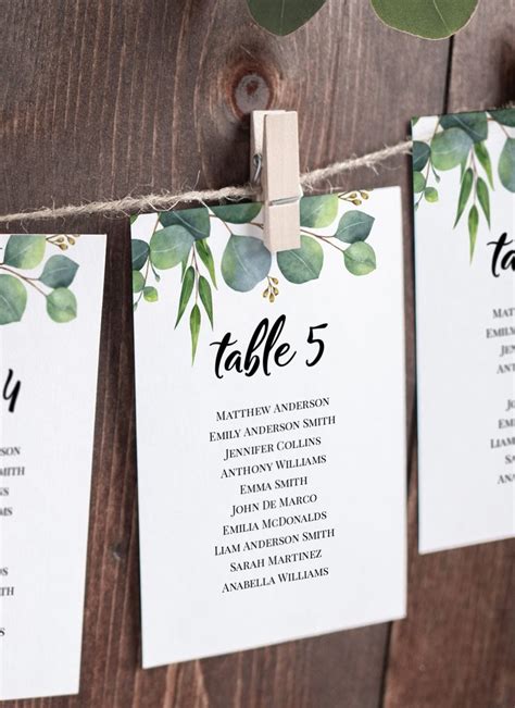 Seating Cards Template Wedding Seating Chart Eucalyptus Greenery Seating Chart Template